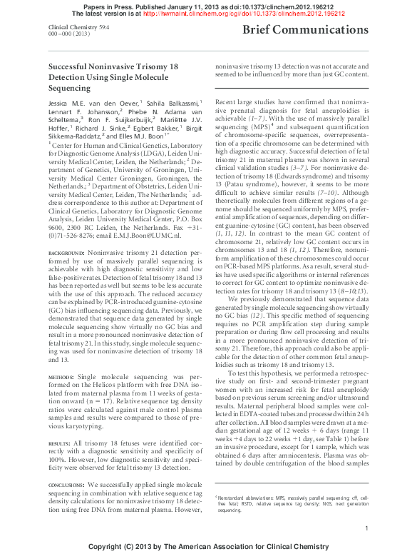 (PDF) Successful Noninvasive Trisomy 18 Detection Using Single Molecule ...