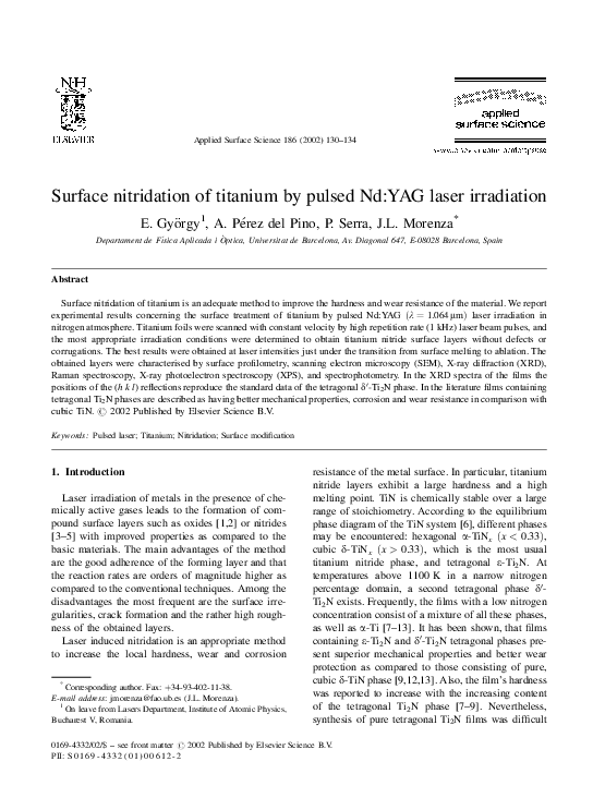 (PDF) Surface nitridation of titanium by pulsed Nd:YAG laser irradiation