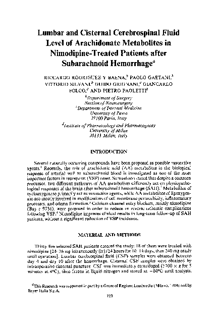 (PDF) Lumbar and Cisternal Cerebrospinal Fluid Level of Arachidonate ...