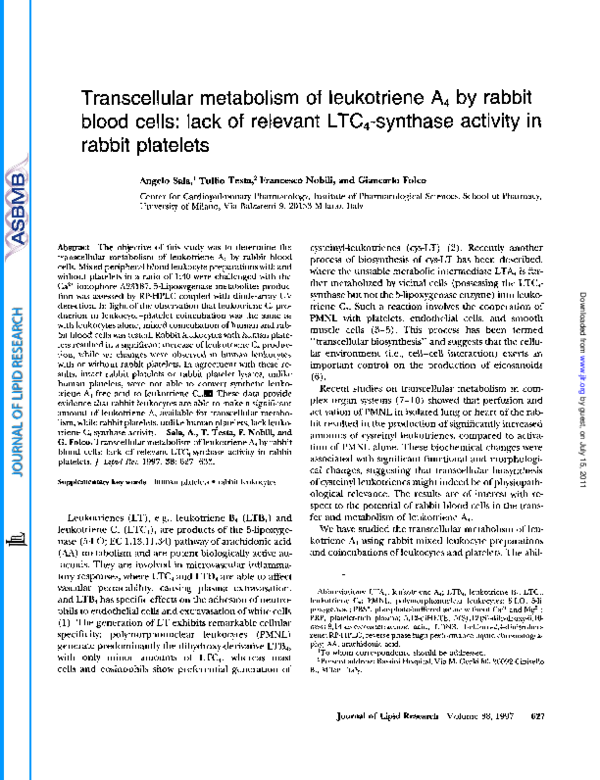 (PDF) Transcellular metabolism of leukotriene A4 by rabbit blood cells ...