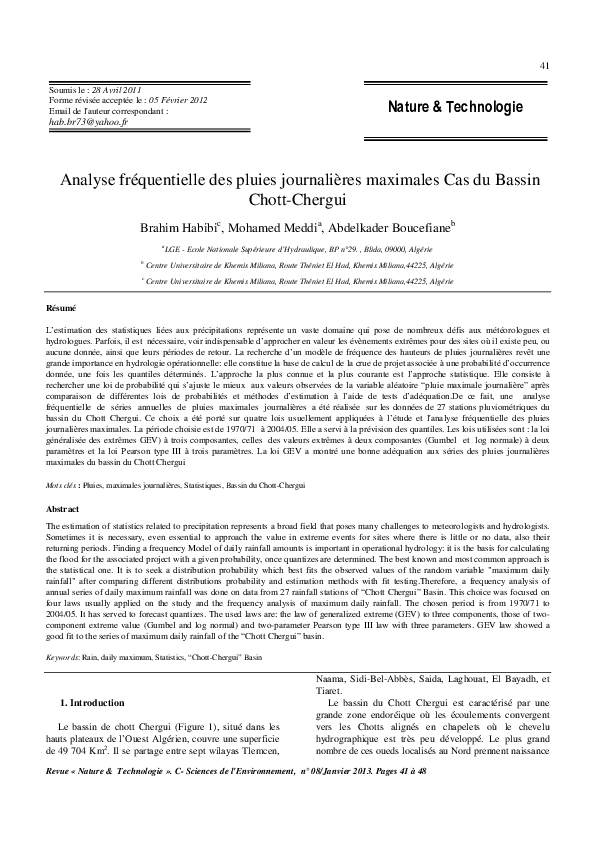 (PDF) Analyse fréquentielle des pluies journalières maximales Cas du ...