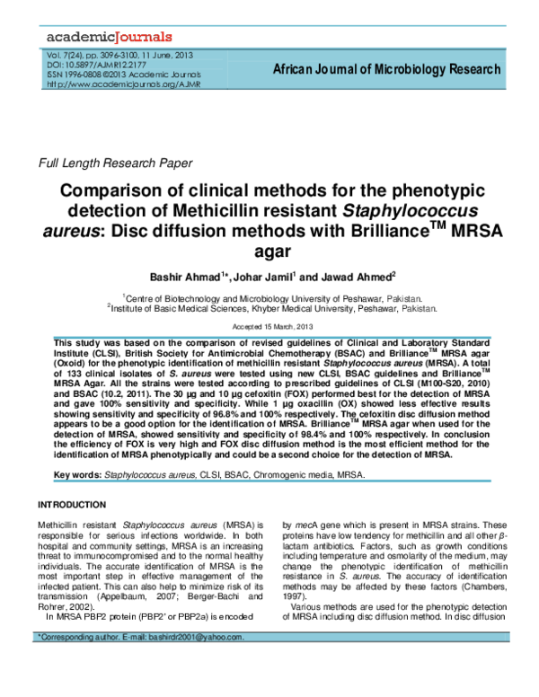 (PDF) Comparison of clinical methods for the phenotypic detection of Methicillin resistant ...