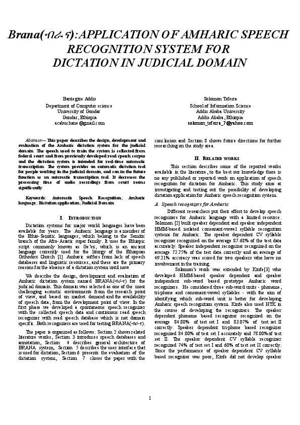 (DOC) Brana(ብራና):APPLICATION OF AMHARIC SPEECH RECOGNITION SYSTEM FOR ...