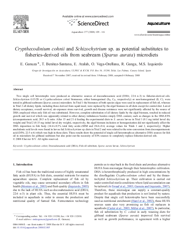 (PDF) Crypthecodinium cohnii and Schizochytrium sp. as potential ...