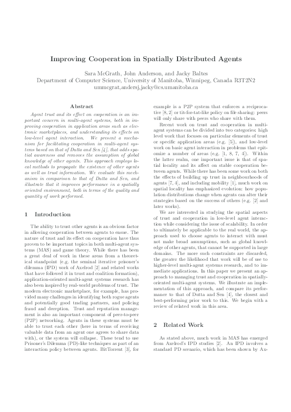 (PDF) Improving cooperation in spatially distributed agents