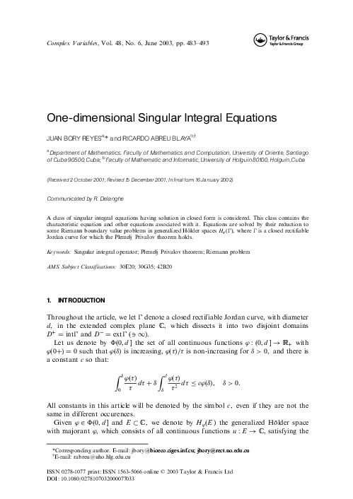 (PDF) One-dimensional Singular Integral Equations