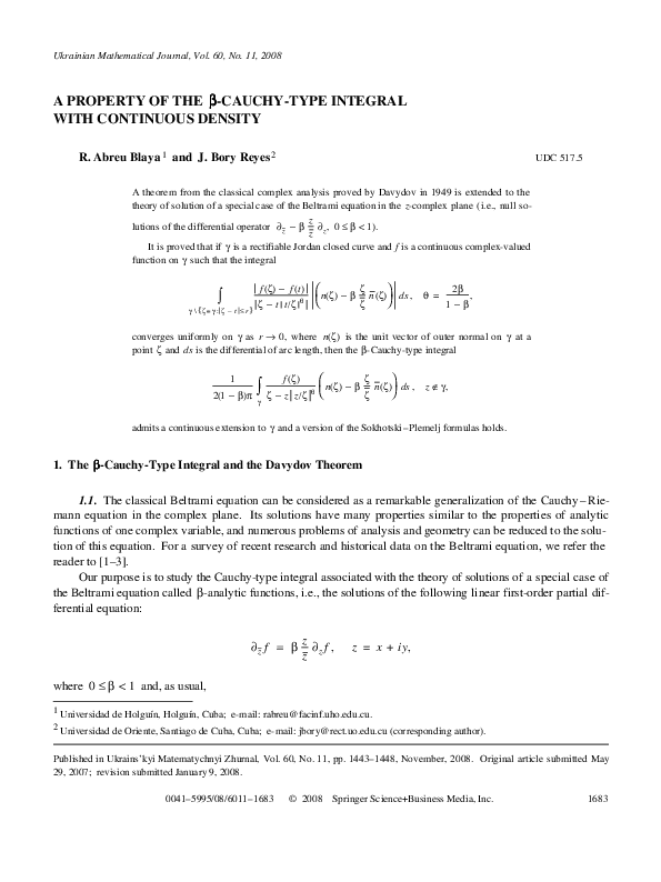 (PDF) A property of the β-Cauchy-type integral with continuous density