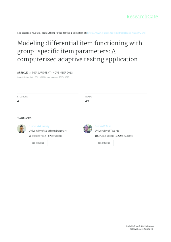 Pdf Modeling Differential Item Functioning With Group Specific Item Parameters A Computerized 8417