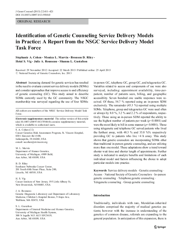 (PDF) Identification of Genetic Counseling Service Delivery Models in ...