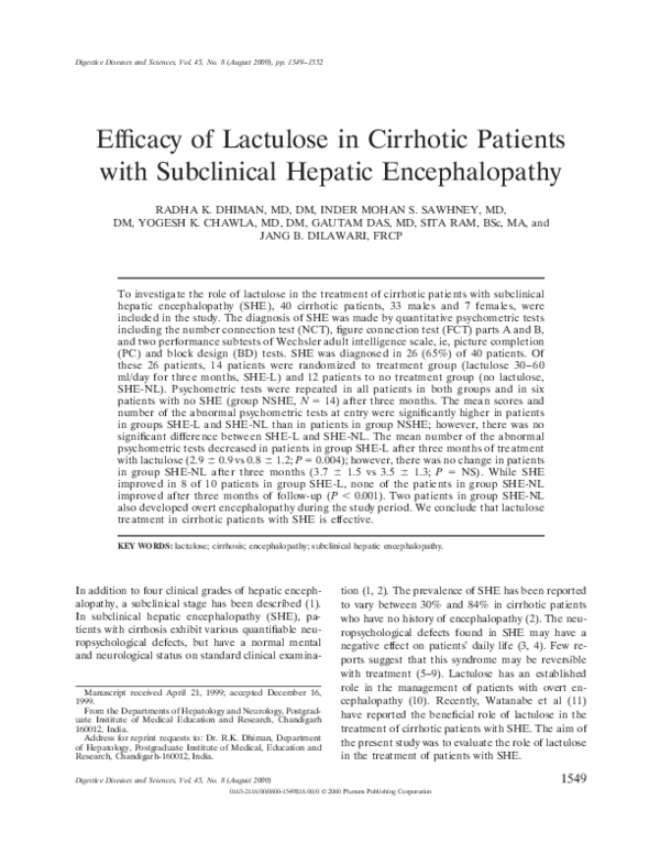 (PDF) Efficacy of lactulose in cirrhotic patients with subclinical ...