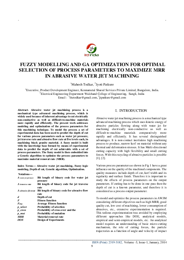 (PDF) FUZZY MODELLING AND GA OPTIMIZATION FOR OPTIMAL SELECTION OF PROCESS PARAMETERS TO ...