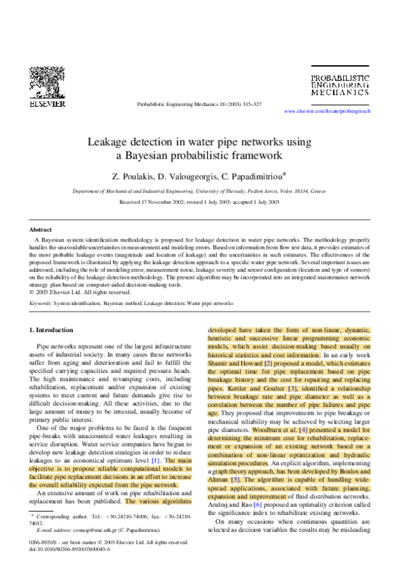 (PDF) Leakage detection in water pipe networks using a Bayesian probabilistic framework