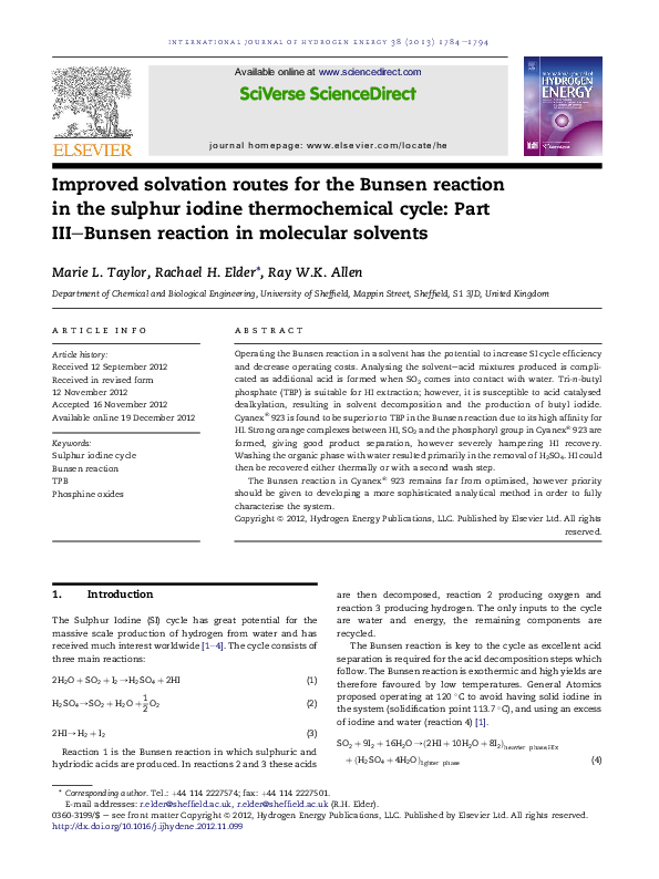 (PDF) Improved solvation routes for the Bunsen reaction in the sulphur ...