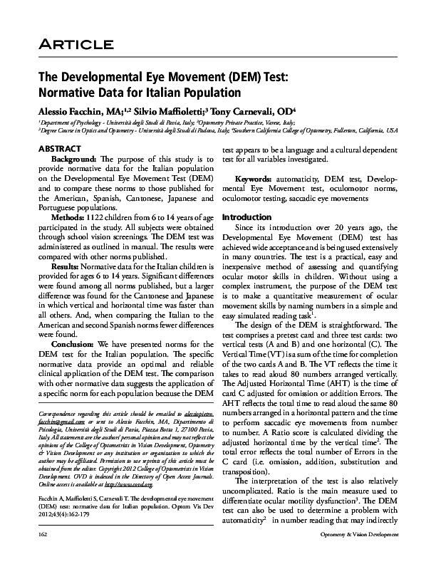 (PDF) The Developmental Eye Movement (DEM) Test: Normative Data for ...