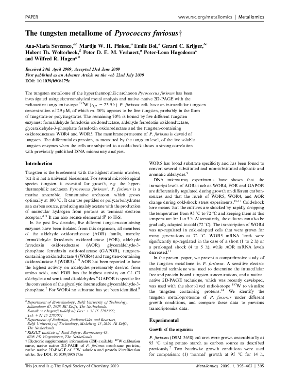 (PDF) The tungsten metallome of Pyrococcus furiosus