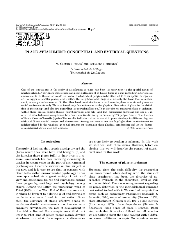 (PDF) PLACE ATTACHMENT: CONCEPTUAL AND EMPIRICAL QUESTIONS