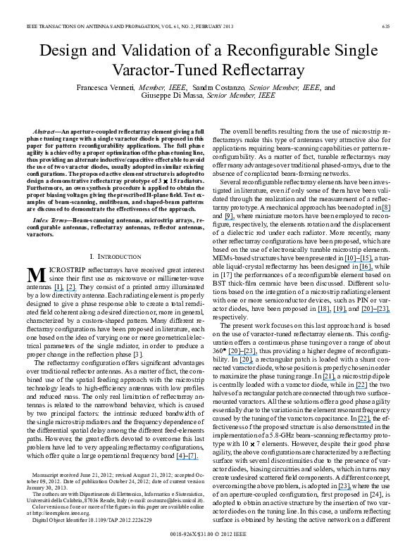 (PDF) Design and Validation of a Reconfigurable Single Varactor-Tuned Reflectarray