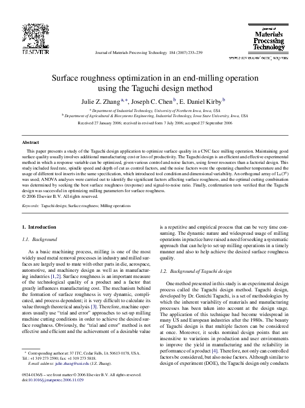 Pdf Surface Roughness Optimization In An End Milling Operation Using The Taguchi Design Method