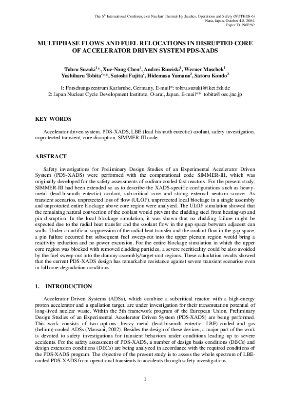 (PDF) Multiphase Flows and Fuel Relocations in Disrupted Core of Accelerator Driven System PDS-Xads