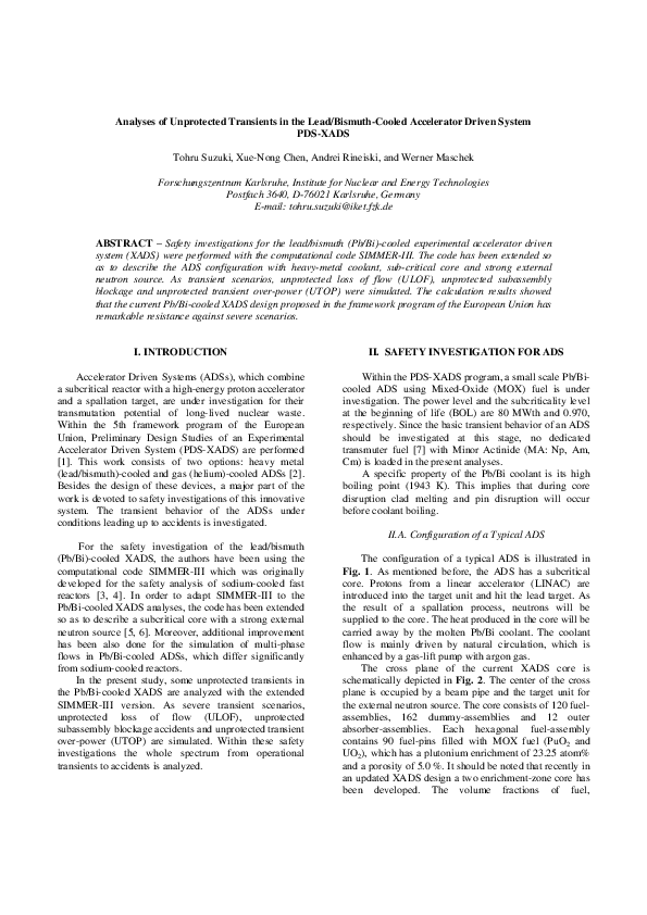 (PDF) Analyses of Unprotected Transients in the Lead/Bismuth-Cooled Accelerator Driven System ...
