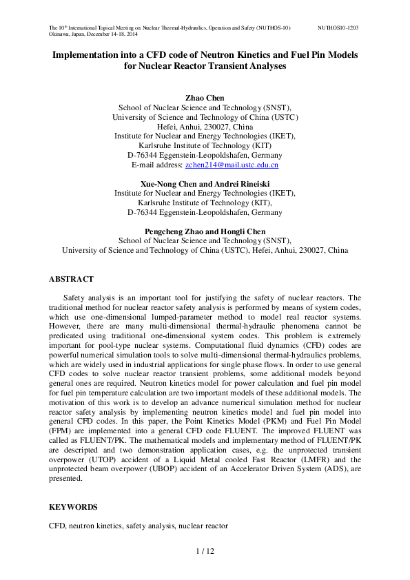 (PDF) Implementation into a CFD code of Neutron Kinetics and Fuel Pin ...