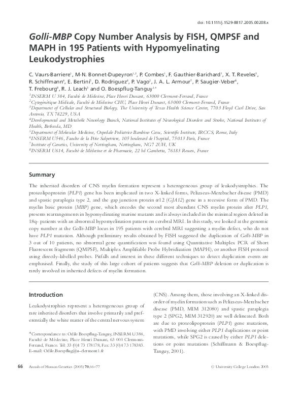 (PDF) Golli-MBP Copy Number Analysis by FISH, QMPSF and MAPH in 195 Patients with ...