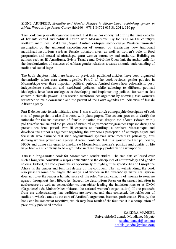 (PDF) Sexuality and Gender Politics in Mozambique: rethinking gender in ...