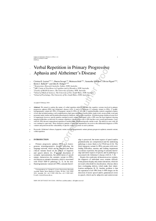 (PDF) Verbal Repetition in Primary Progressive Aphasia and Alzheimer's ...