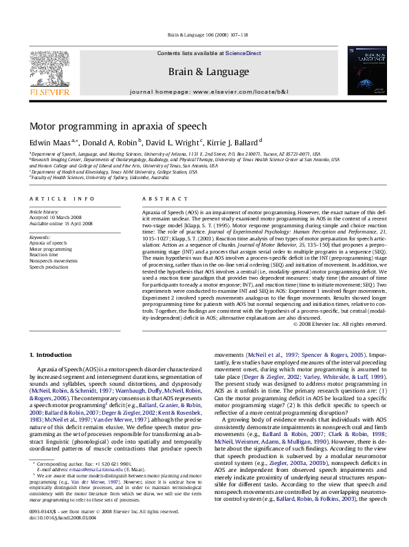 (PDF) Examining Motor Programming in Apraxia of Speech