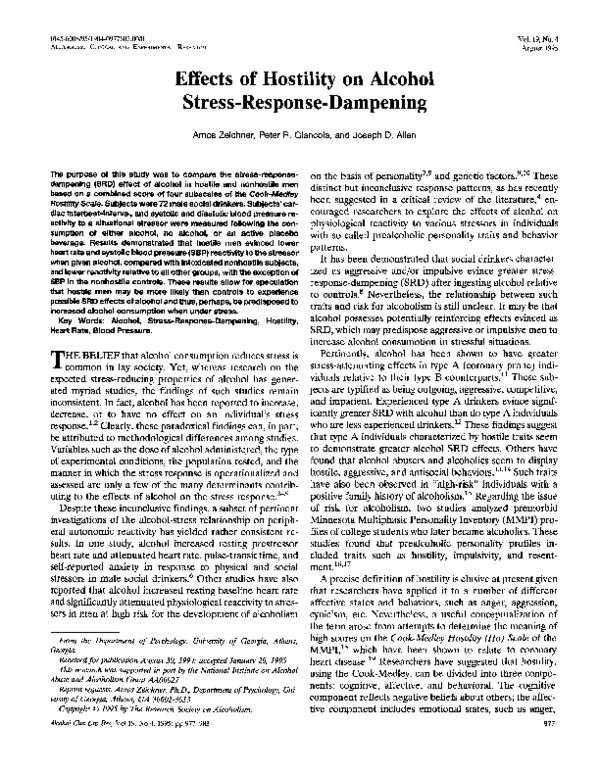 (PDF) Effects of Hostility on Alcohol Stress-Response-Dampening