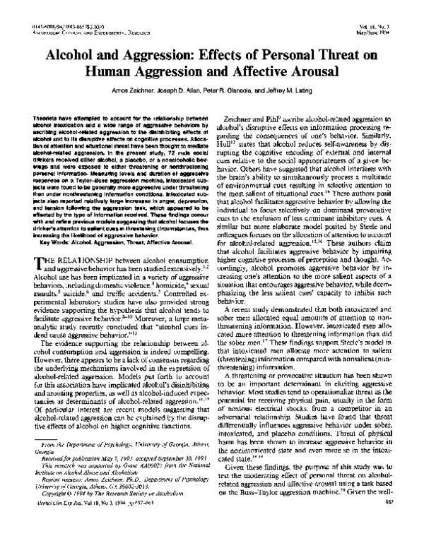 (PDF) Alcohol and Aggression: Effects of Personal Threat on Human ...