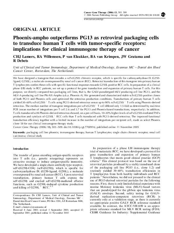 (PDF) Phoenix-ampho outperforms PG13 as retroviral packaging cells to transduce human T cells ...