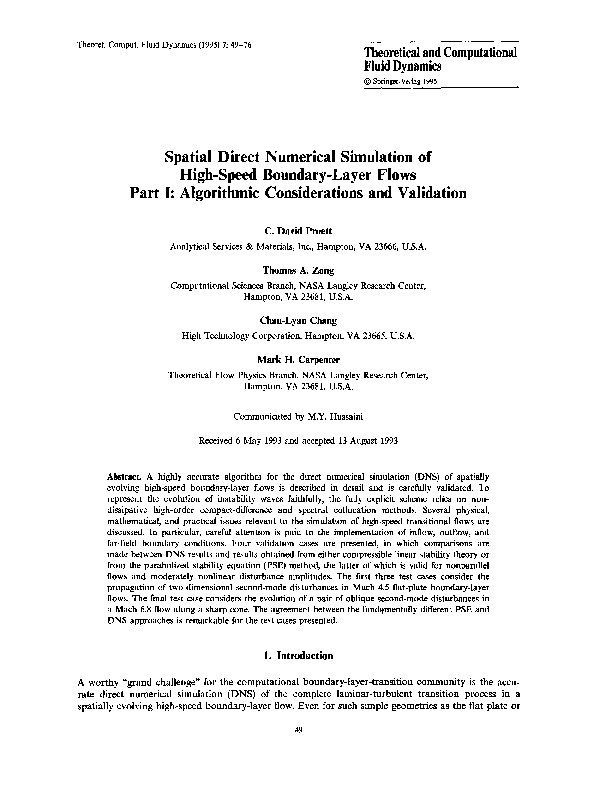 (PDF) Spatial direct numerical simulation of high-speed boundary-layer flows part I: Algorithmic ...