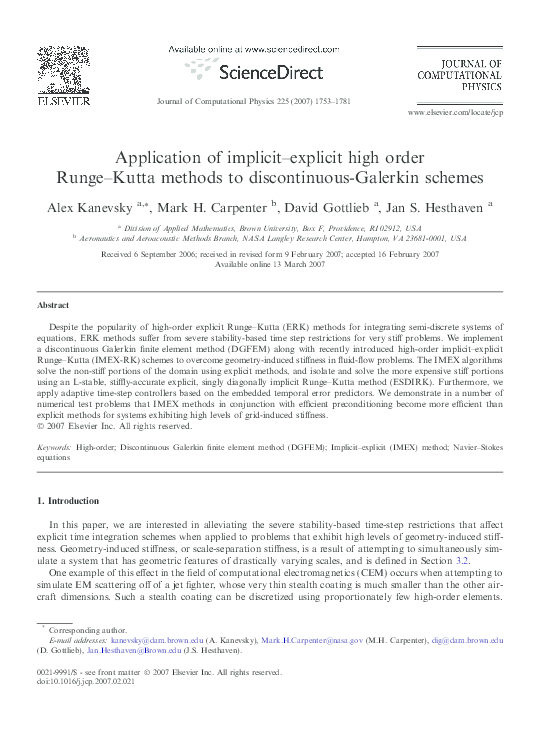 (PDF) Application of implicit–explicit high order Runge–Kutta methods to discontinuous-Galerkin ...