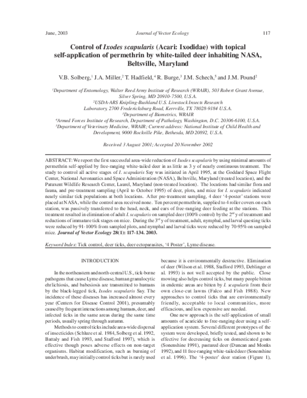 (PDF) Control of Ixodes scapularis (Acari: Ixodidae) with topical self-application of permethrin ...