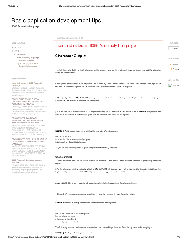 (PDF) Basic application development tips Input and output in 8086 Assembly Language