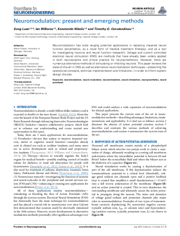 (PDF) Neuromodulation: present and emerging methods