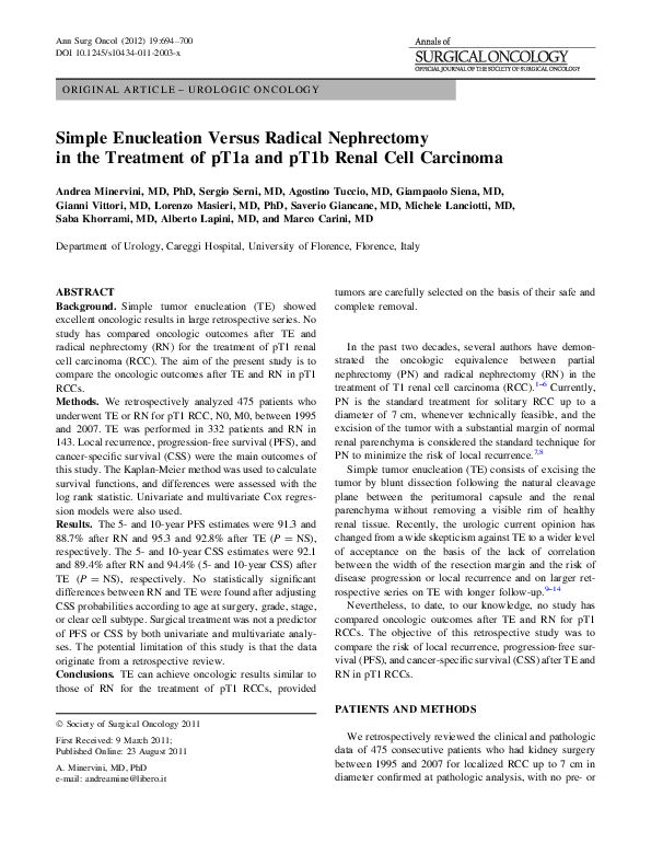 (PDF) Simple Enucleation Versus Radical Nephrectomy in the Treatment of ...