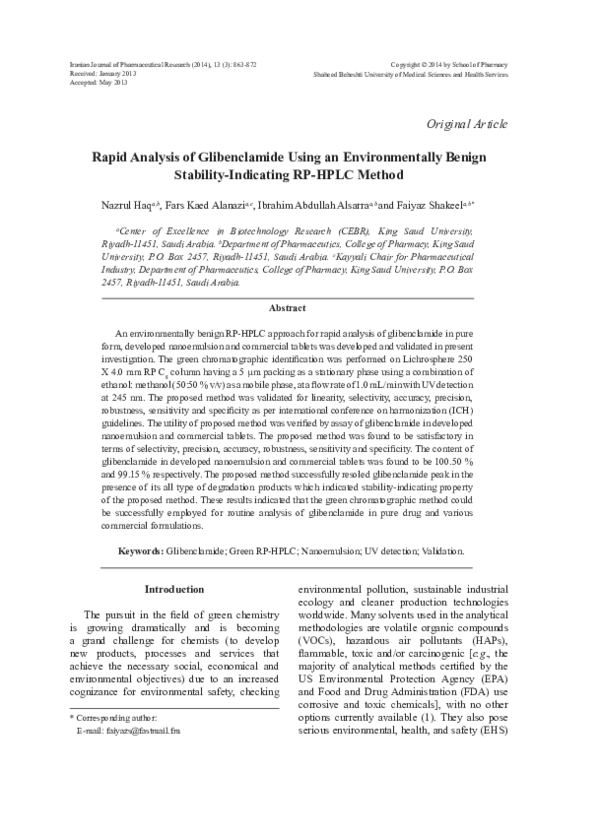 (PDF) Rapid Analysis of Glibenclamide Using an Environmentally Benign Stability-Indicating RP ...