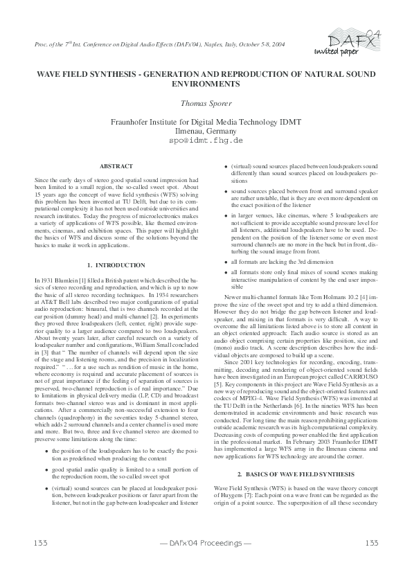 (PDF) Wave field synthesis generation and reproduction of natural sound environments