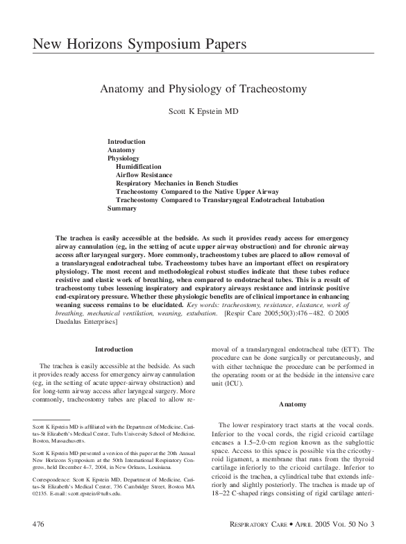 (PDF) New Horizons Symposium Papers Anatomy and Physiology of Tracheostomy