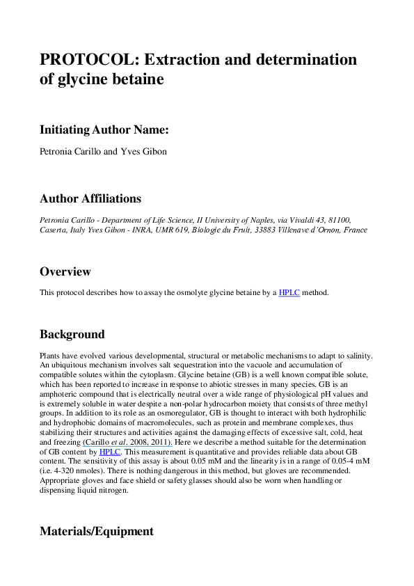 (PDF) PROTOCOL: Extraction and determination of glycine betaine
