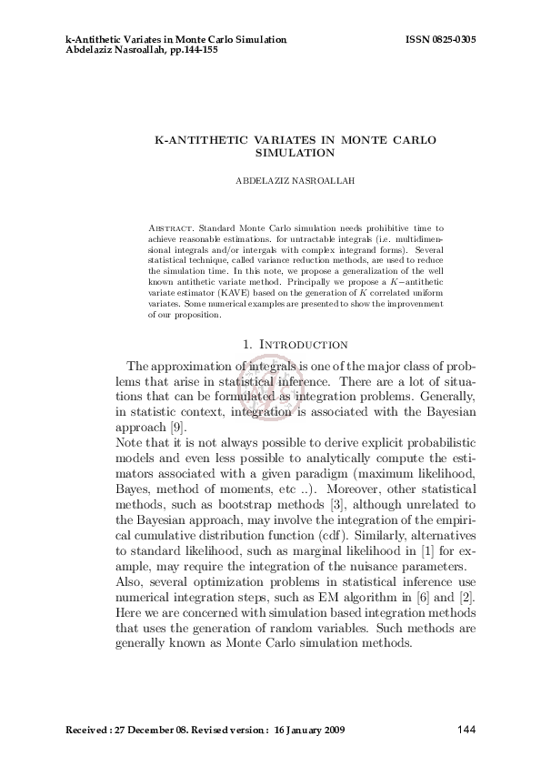 (PDF) K-Antithetic Variates in Monte Carlo Simulation