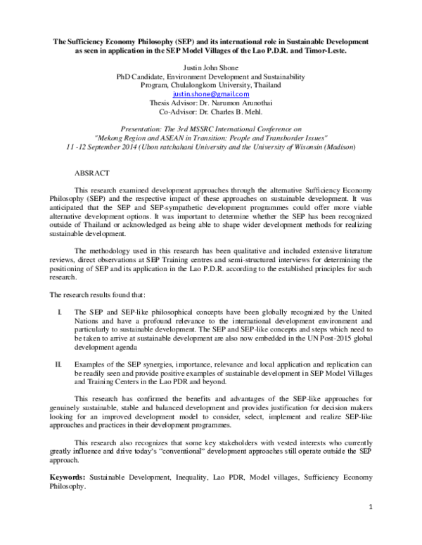(PDF) The Sufficiency Economy Philosophy SEP and its international role ...