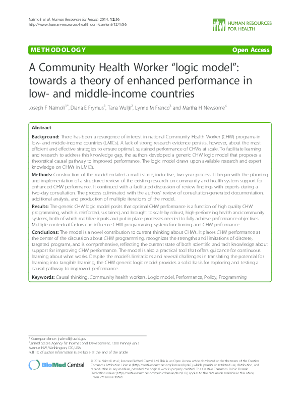 (PDF) A Community Health Worker "logic model": towards a theory of ...