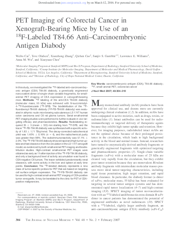 (PDF) PET imaging of colorectal cancer in xenograft-bearing mice by use ...