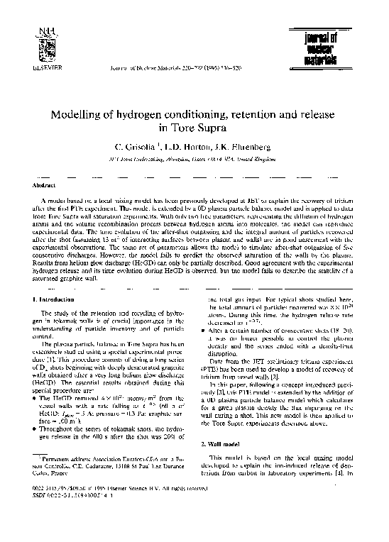 (PDF) Modelling of hydrogen conditioning, retention and release in Tore ...