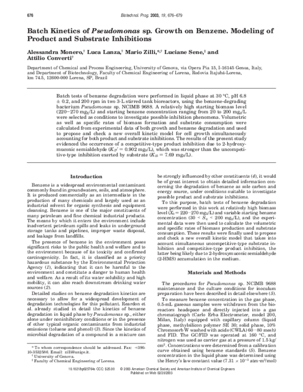 (PDF) Batch Kinetics of Pseudomonas sp. Growth on Benzene. Modeling of Product and Substrate ...