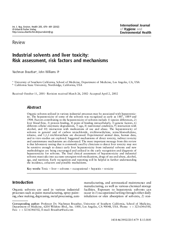 (PDF) Industrial solvents and liver toxicity: Risk assessment, risk ...