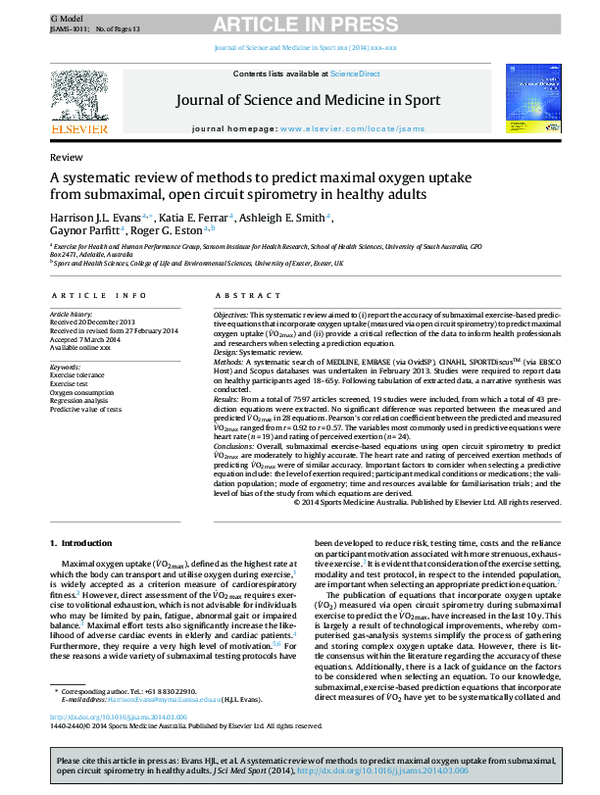 Pdf A Systematic Review Of Methods To Predict Maximal Oxygen Uptake
